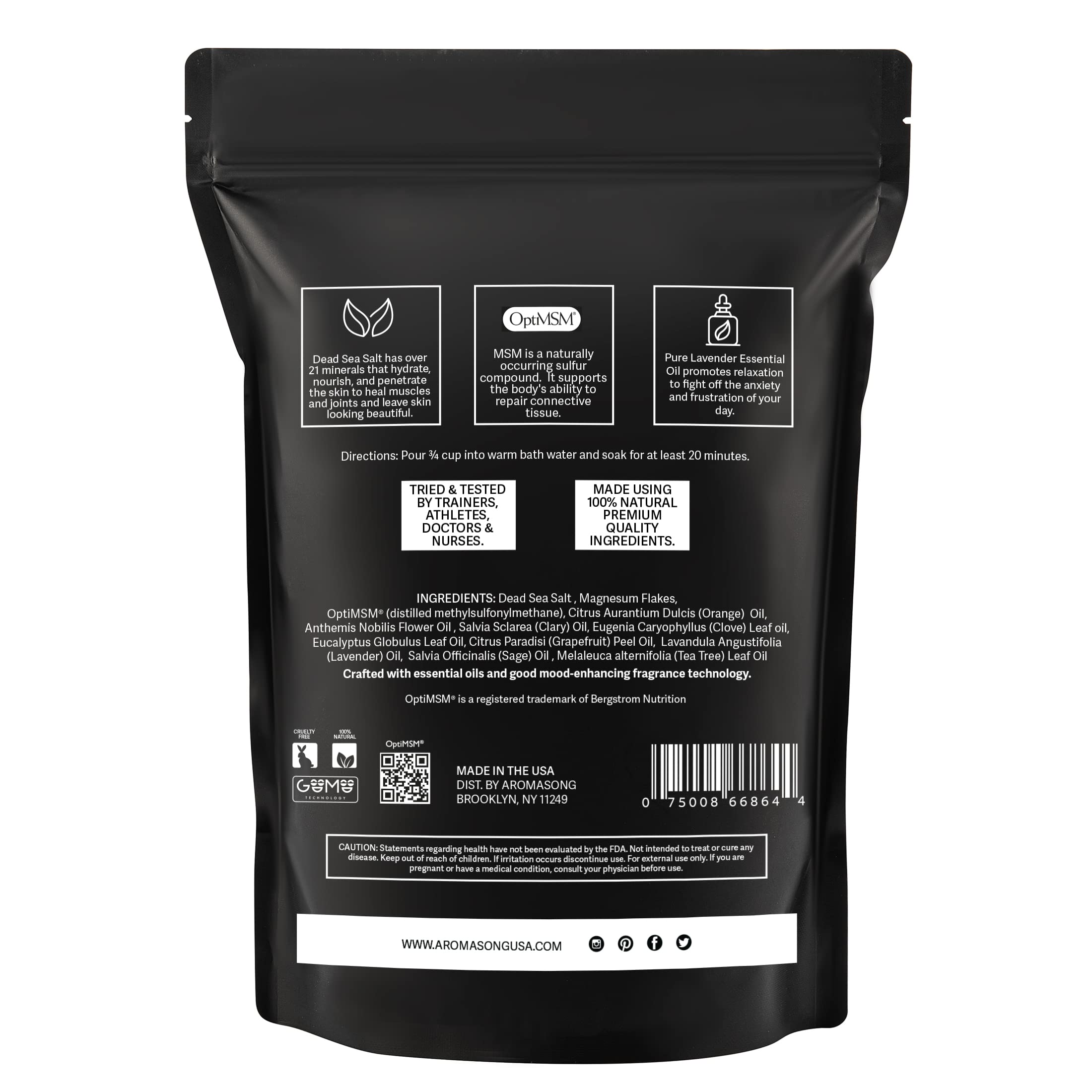 Aromasong Muscle Recovery Bath Soak with Dead Sea Salt, OptiMSM, Magnesium Flakes & Essential Oils for Post Workout Soreness - Made in USA - 14 oz. Bag Bath Salt for Pain Relief.