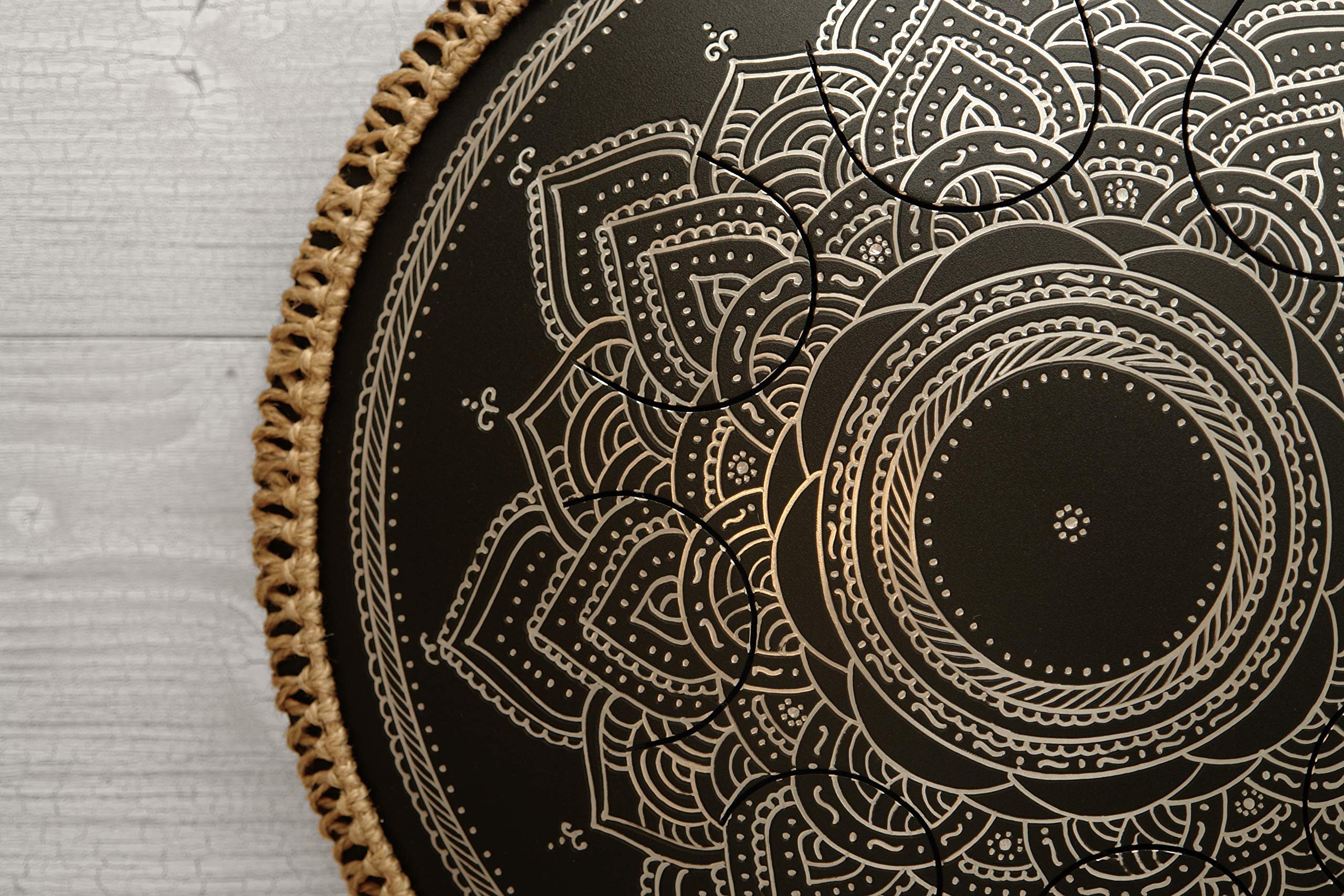 GUDA DRUM Freezbee Black with Ice Flower design, FREE Rope Decoration and Travel Bag