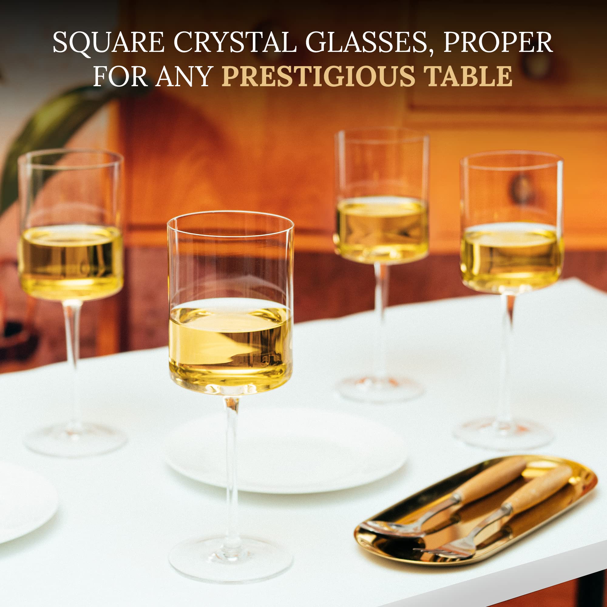 Bacador Square Wine Glasses Set of 4 - Cylinder Design Ideal for White and Red Wine - Modern Edge Crystal Stemware - Stunning Gift for Anniversaries - 14 oz