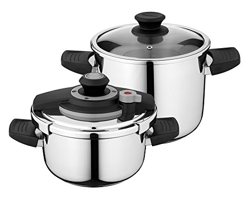 BergHOFF Essentials 18/10 Stainless Steel Set of 4pc Pressure Cooker Glass Cover 7.4 qt. & 4.2 qt. Silver Vita Stay-cool Handle Induction Cooktop Marked Measurement Quick-release