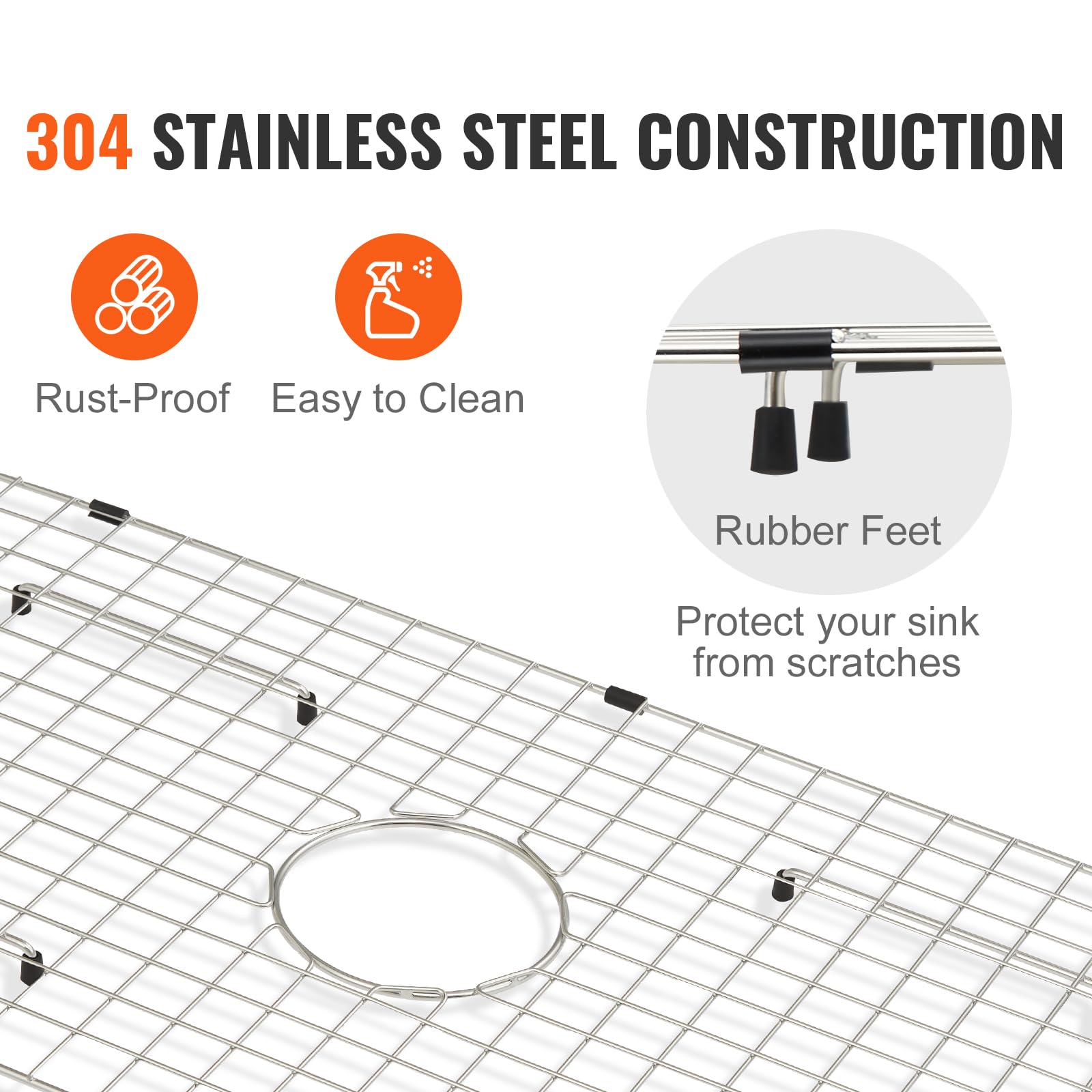 VEVOR Sink Protector Grid, 26"x14" Stainless Steel Sink Grates, Centered Drain Sink Grates with R90 Corner Radius, Large Sink Bottom Grids, Universal Bowl Rack Sink Accessory For Kitchen Sink, Silver