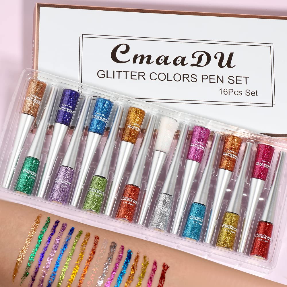 Aseawave 16 Colors Liquid Glitter Eyeliner Set, Metallic Shimmer Glitter Eyeshadow, Colorful Rainbow Eyeliner Long Lasting Waterproof Face Lips Art for Party Festival Makeup