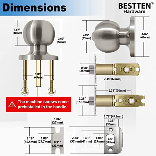 BESTTEN [2 Pack] Entry Door Knob with Lock, Keyed Different Door Lock for Exterior Door and Front Door, Standard Ball, Satin Nickel, Adjustable Latch