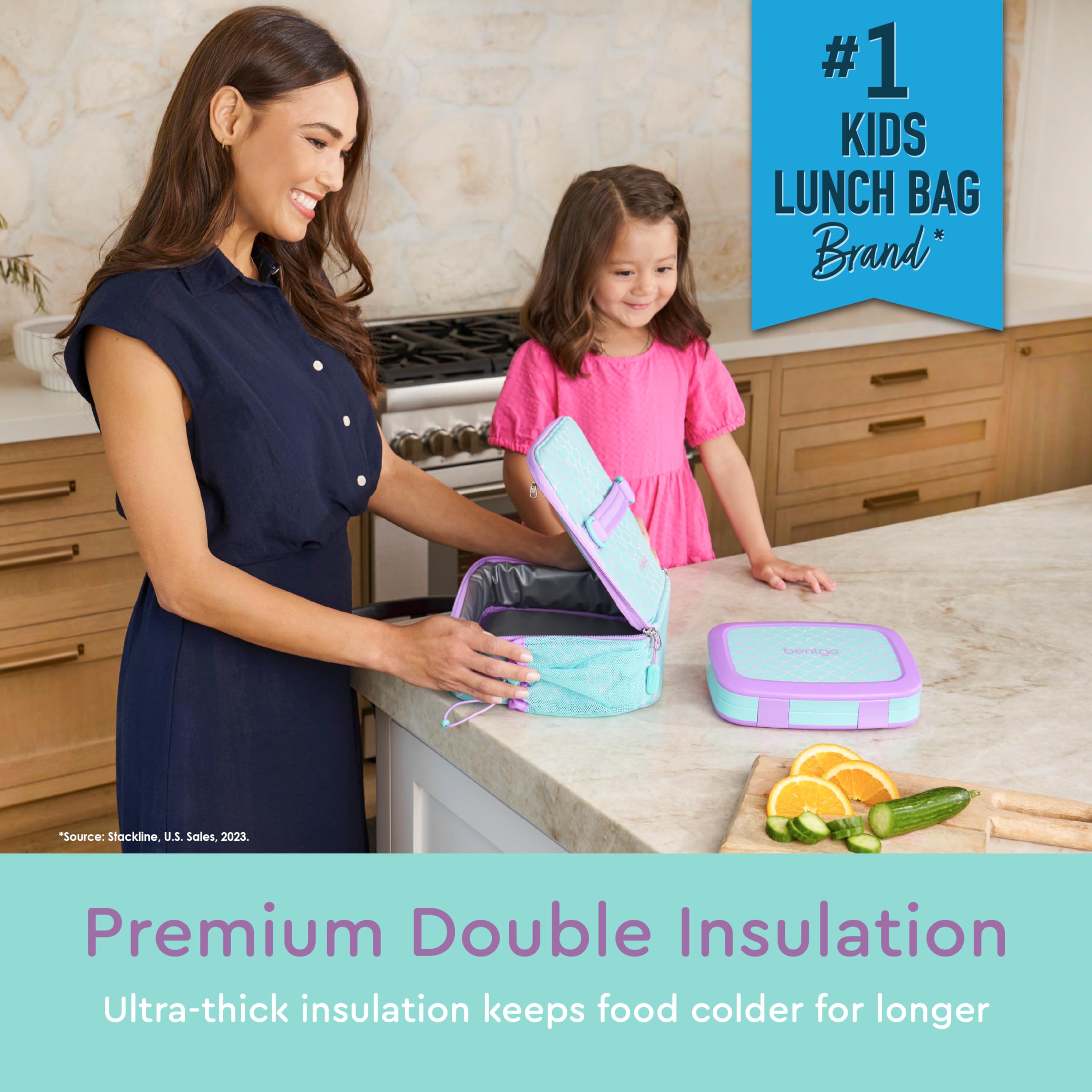 Bentgo® Kids Lunch Bag - Durable, Double-Insulated Lunch Bag for Kids 3+; Holds Lunch Box, Water Bottle, & Snacks; Easy-Clean Water-Resistant Fabric & Multiple Zippered Pockets (Mermaid)