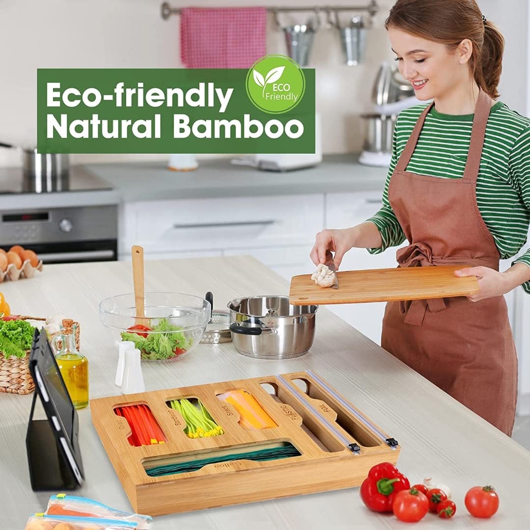 Bamboo Ziplock Bag Organizer - Foil and Plastic Wrap organizer with cutter - Holds up to 12” rolls - Baggie Organizer for Gallon, Quart, Sandwich, Snack Bags - Kitchen Organization - Drawer organizer