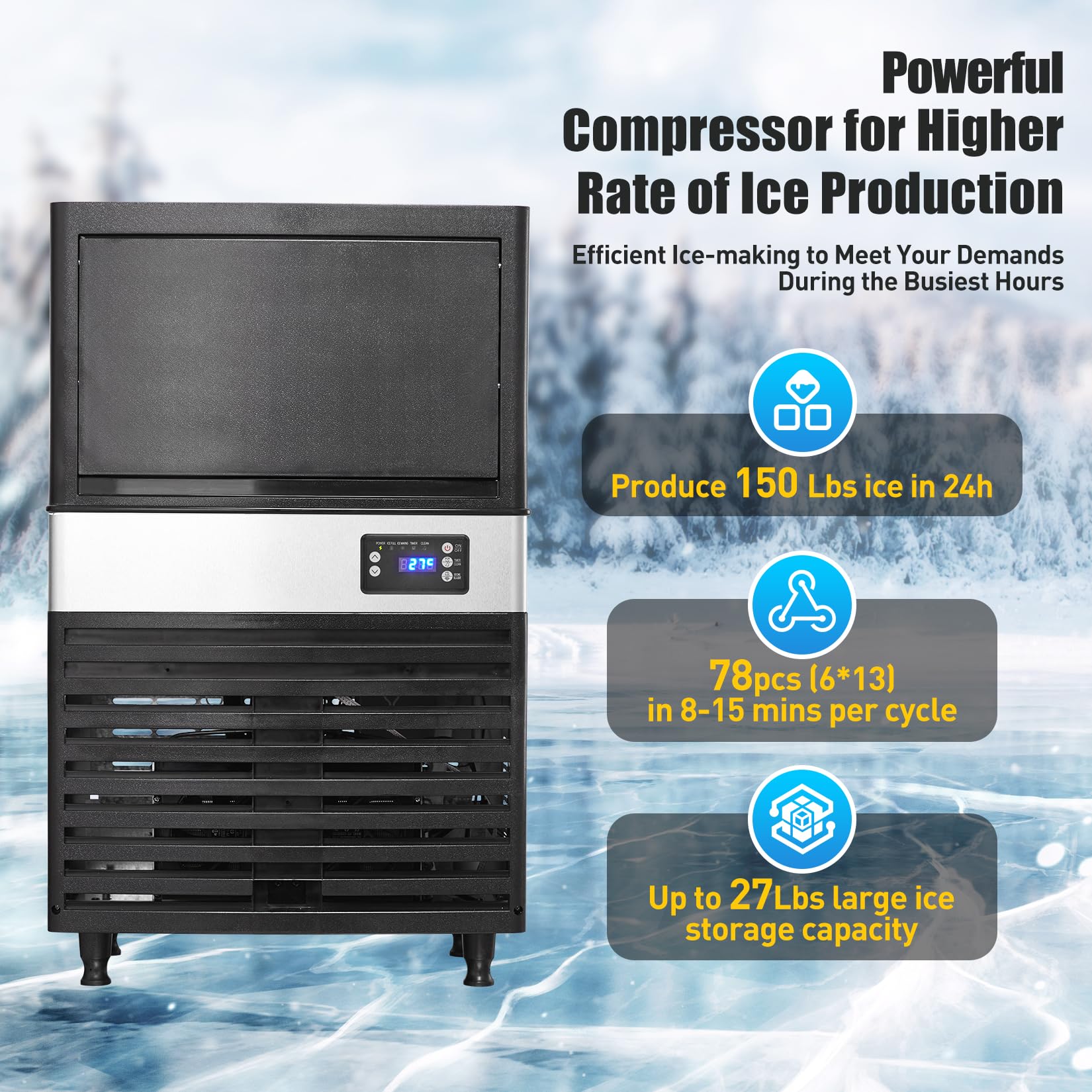 Commercial Ice Maker Machine, 150lbs/24H Stainless Steel Under Counter ice Machine with 30lbs Ice Storage Capacity, Freestanding Ice Maker for Bar Home Office Restaurant, 340W