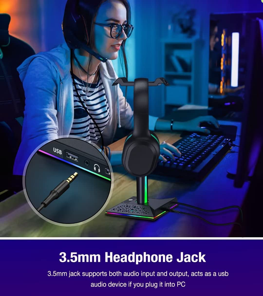 EUROA Headphone Stand Gaming Desk Headset Stand Holder with 10 RGB Lights, Head Set Desk Hook Gift Accessories for Gamer, Backpack Gaming Headpones Stand with 2 USB Charing Ports