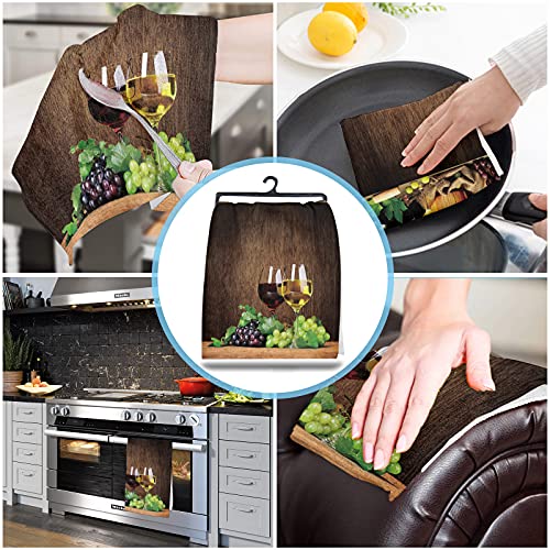 BEKYONEE Kitchen Towels 4 Pack 18×28in-Super Absorbent Dish Cloth Wine Grape Glass and Barrel Soft Dish Towel for Home Drying Dishes Vintage Wooden Board Tea Bar Hand Towels Cleaning Cloths