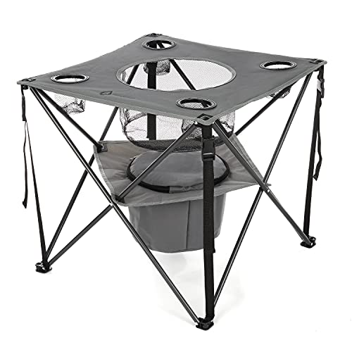 ARROWHEAD OUTDOOR 33.5β Portable Folding Tailgate Table, 4 Cup Holders, Food Basket, Insulated Cooler, No Sag Surface, Square, Carrying Case, Steel Frame, High-Grade 600D Canvas, USA-Based Support