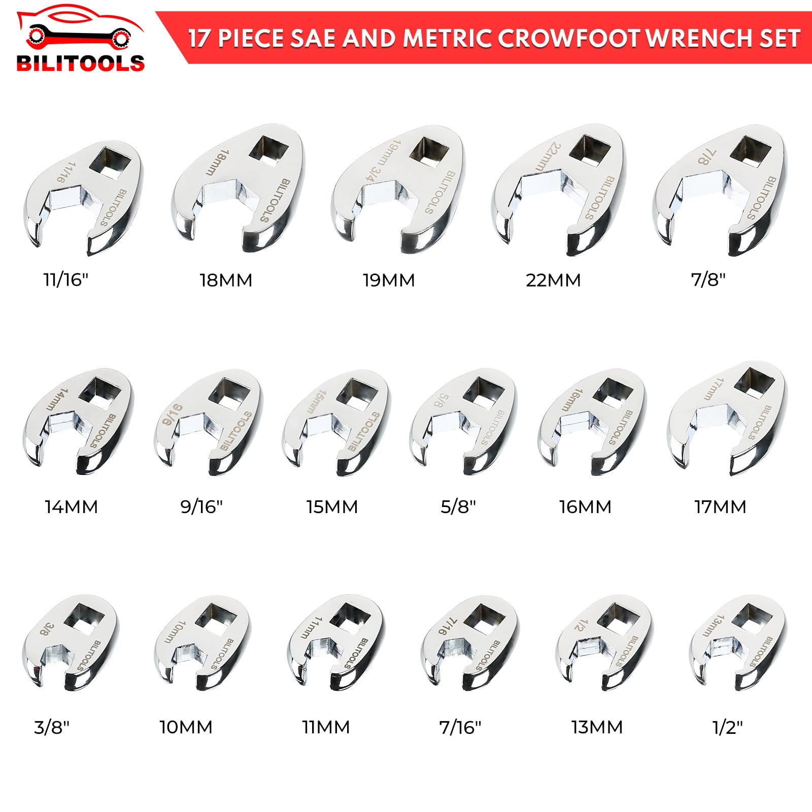 BILITOOLS Crows Foot Wrench Set, 3/8" Drive Crowfoot Flare Nut Cr-V Metric 10-22mm & SAE 3/8"-7/8" | 17 Piece
