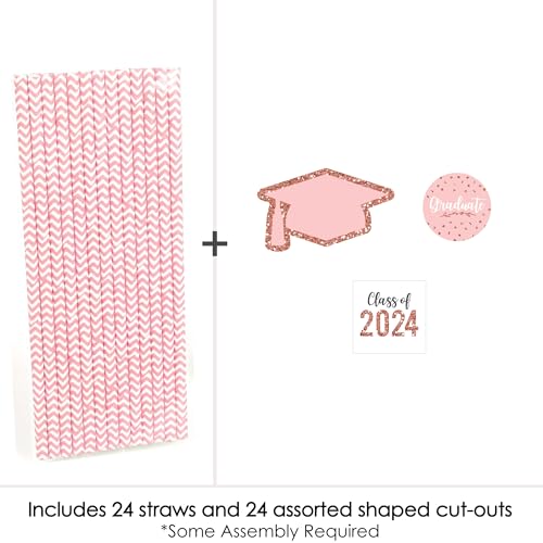 Big Dot of Happiness Rose Gold Grad - Paper Straw Decor - 2024 Graduation Party Striped Decorative Straws - Set of 24