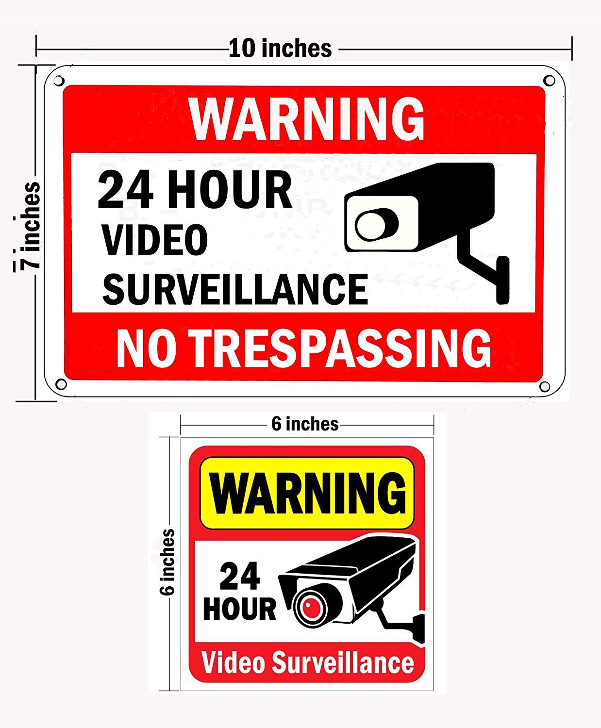 WISLIFE Video Surveillance Sign Set, 2 (10" X 7") Aluminum Warning Signs & 6 (6"X6") Window Stickers, Video Security Signs