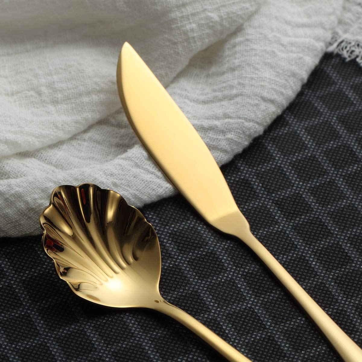 Berglander Stainless Steel Golden Titanium Plated Flatware Serving Set 6 Pieces, 5 Serving Pieces of 45 Pieces Flatware with 1 Cake Server, Golden Serving Silverware Set (Shiny Golden)