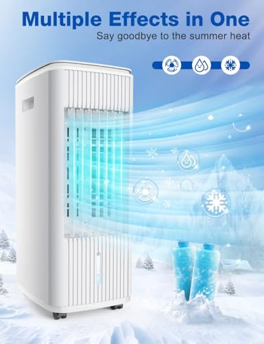 Evaporative Air Cooler, 3-IN-1 Windowless Portable Air Conditioner with Natural/Cooling/Humidifier & 3-Speed, 70° Oscillation & 7 Timer Remote Control, Swamp Cooler w/4 Ice Packs for Home & Kitchen