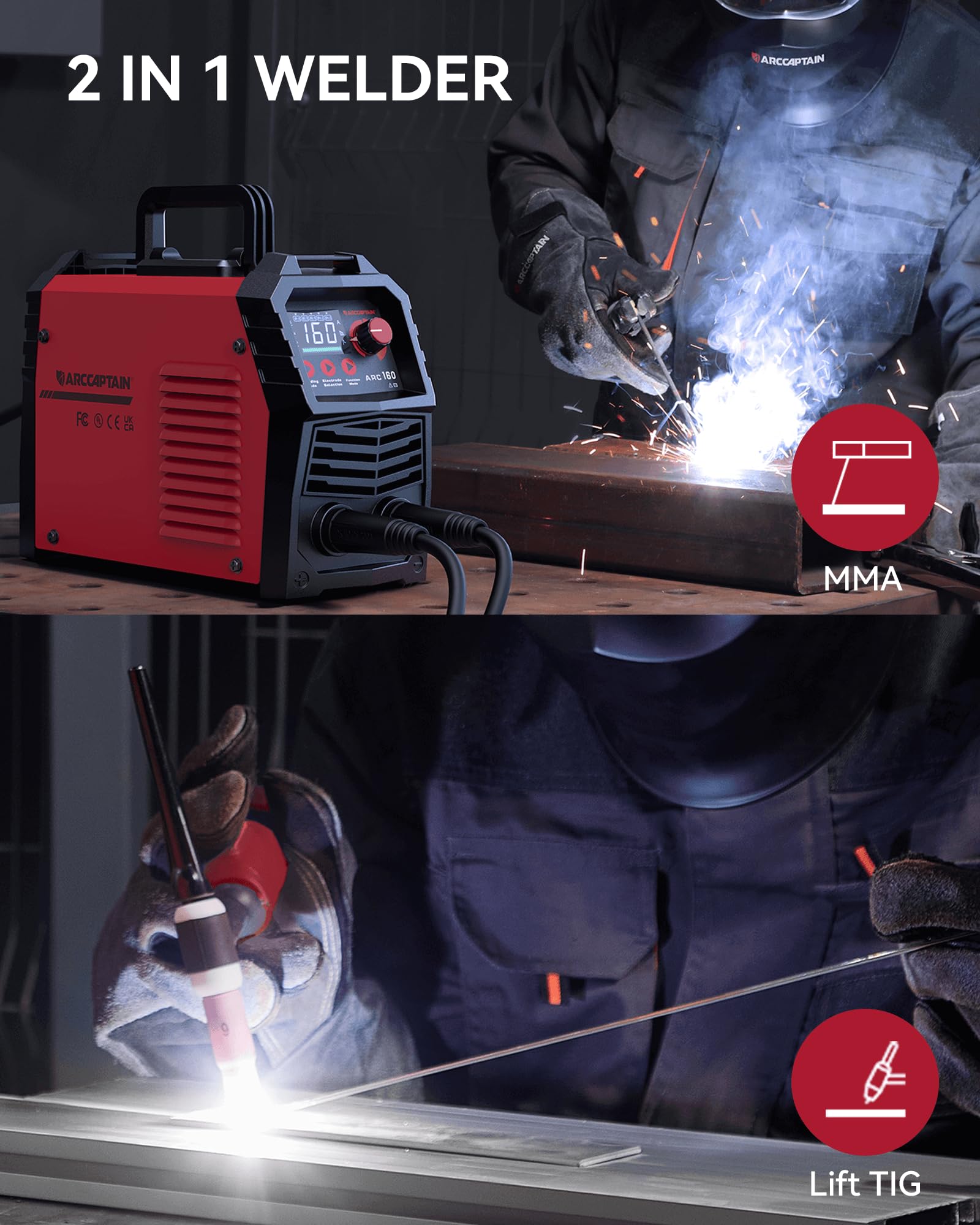 ARCCAPTAIN 110V/220V Stick Welder, [Large LED Display] 160Amp ARC Welding Machine with Synergic Control, IGBT Inverter Portable MMA Welder Machine with Lift Tig Hot Start, Arc force and Anti-Stick