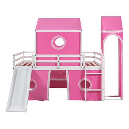 BOVZA Castle Full Low Loft Bed with Slide Pink Tent and Tower for Kids Teens Boys Girls, Pink