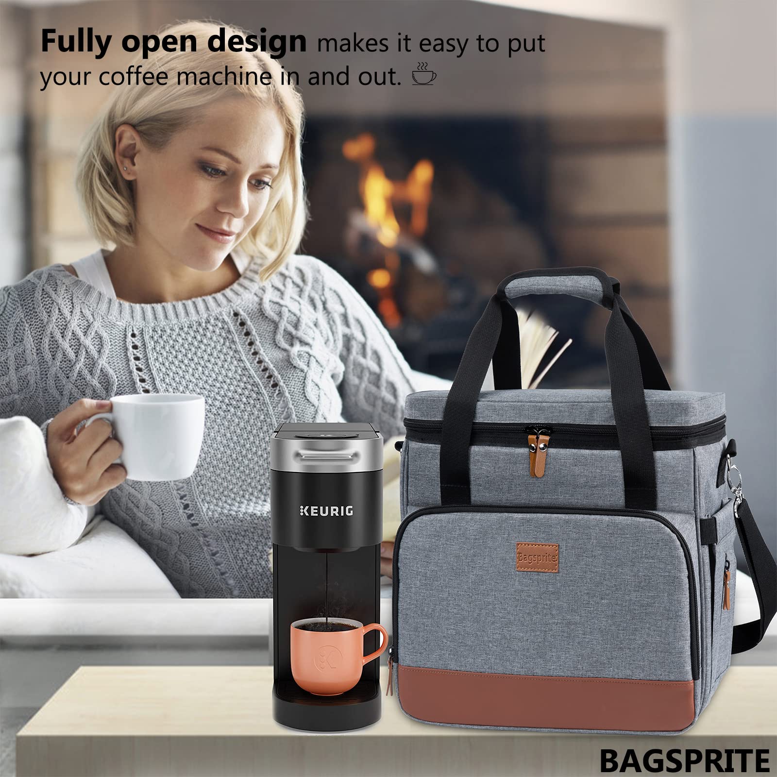 BAGSPRITE Coffee Maker Travel Bag Compatible with Keurig K-Mini or K-Mini Plus, Single Serve Coffee Brewer Carrying Case with Multiple Pockets for K-Cup Pods, Storage Bag With Shoulder Strap Grey