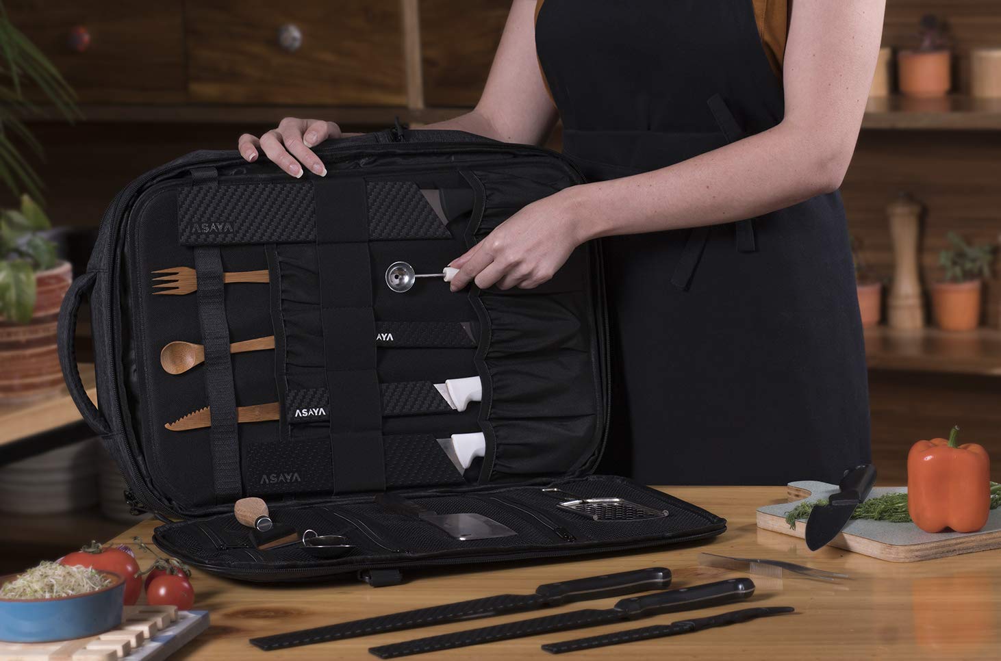 Asaya Chef Knife Backpack with 20 Pocket Knife Roll Bag - Over 30 Pockets for Knives and Kitchen Utensils - Stain Resistant Waxed Nylon - Padded for Extra Protection - Knives Not Included