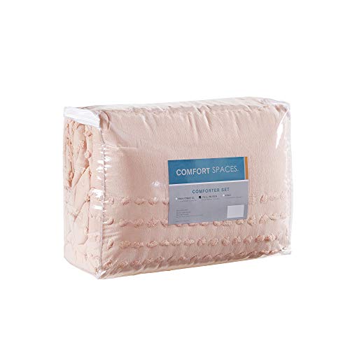 Comfort Spaces 100% Comforter Set Cotton Jacquard Pom Tufts Design Hypoallergenic Down Alternative, All Season Modern Bedding, Matching Shams, Full/Queen, Phillips, Blush