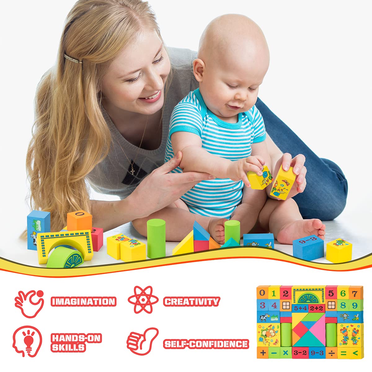 UNIH Foam Building Blocks for Toddler Toy 1-3, Soft Blocks with Number & Cartoon, Colorful Stackable Blocks Toddler Toys for 1 2 3 Year Old Boys Girls Gift