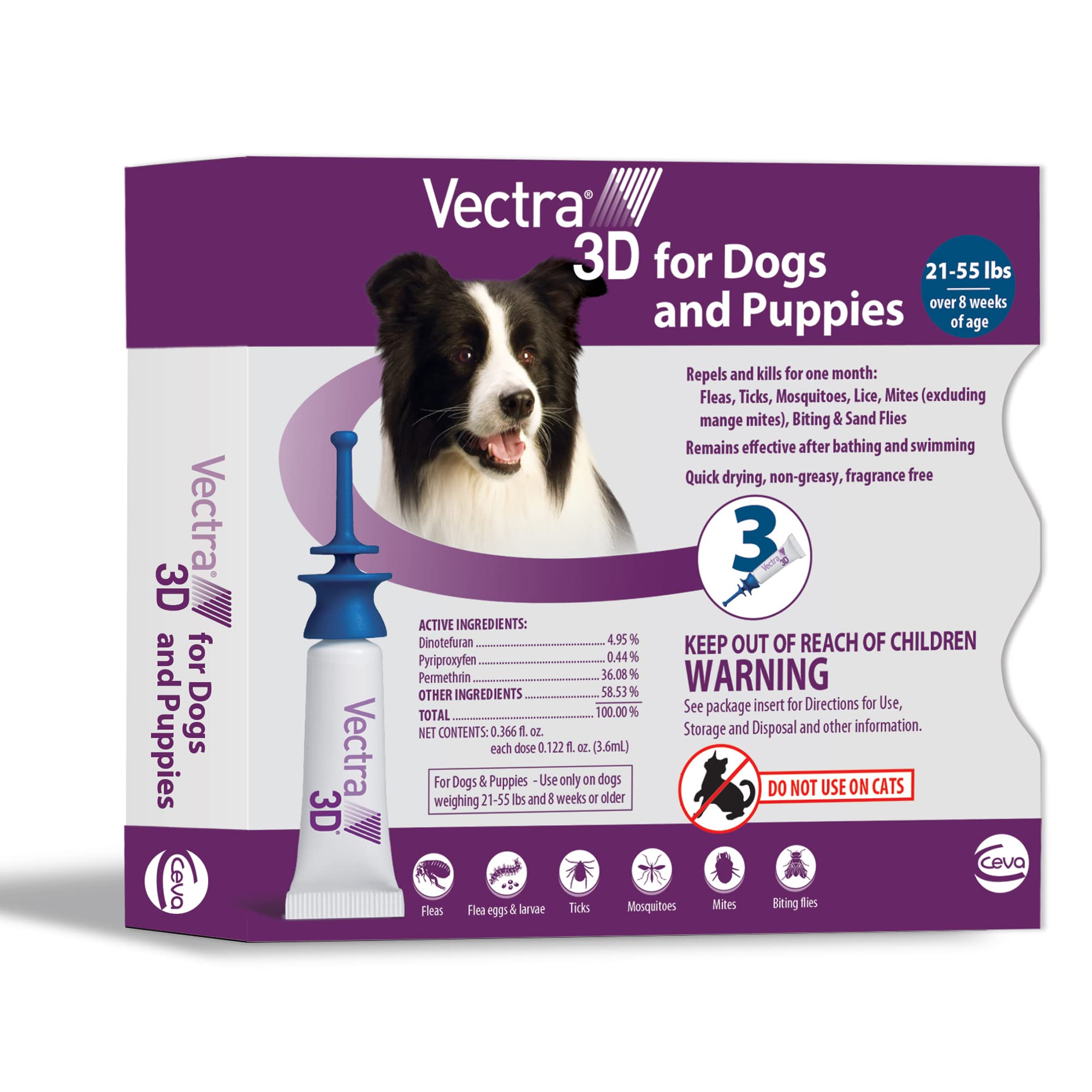 Ceva Vectra 3D Blue For Medium Dogs 21 - 55 lbs 3 Doses. Kills Fleas, Ticks and Mosquitos