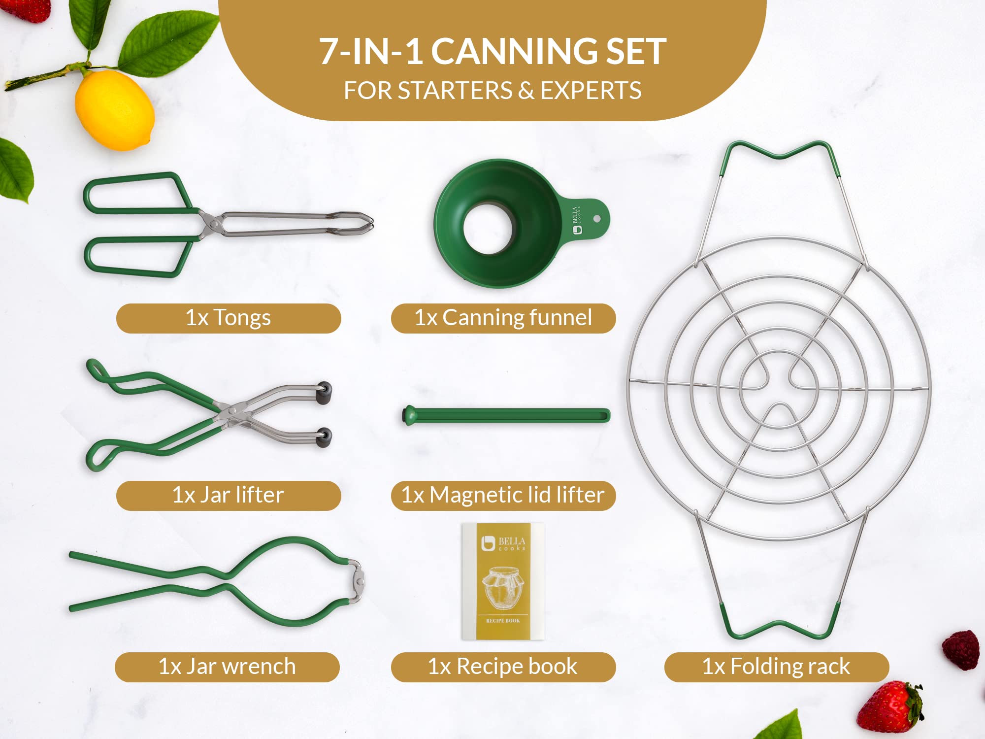 BELLA COOKS Canning Supplies Starter Kit - 7-in-1 Canning Set - Incl. Canning Funnel, Canning Rack, Canning Jar Lifter, Jar Wrench, Tongs & more