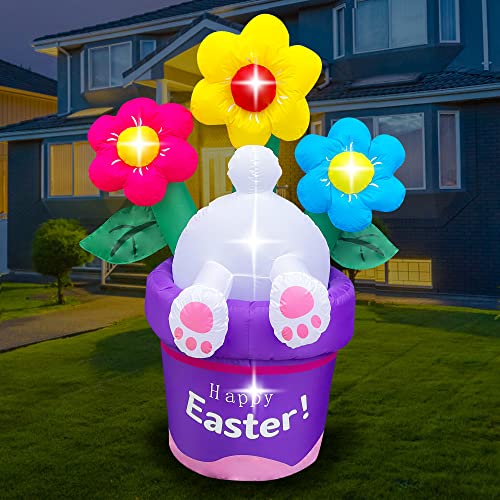 BLOWOUT FUN 6ft Inflatable Easter Rabbit into Flower Basket Decoration LED Blow Up Lighted Decor Indoor Outdoor Holiday Art Decor Clearance