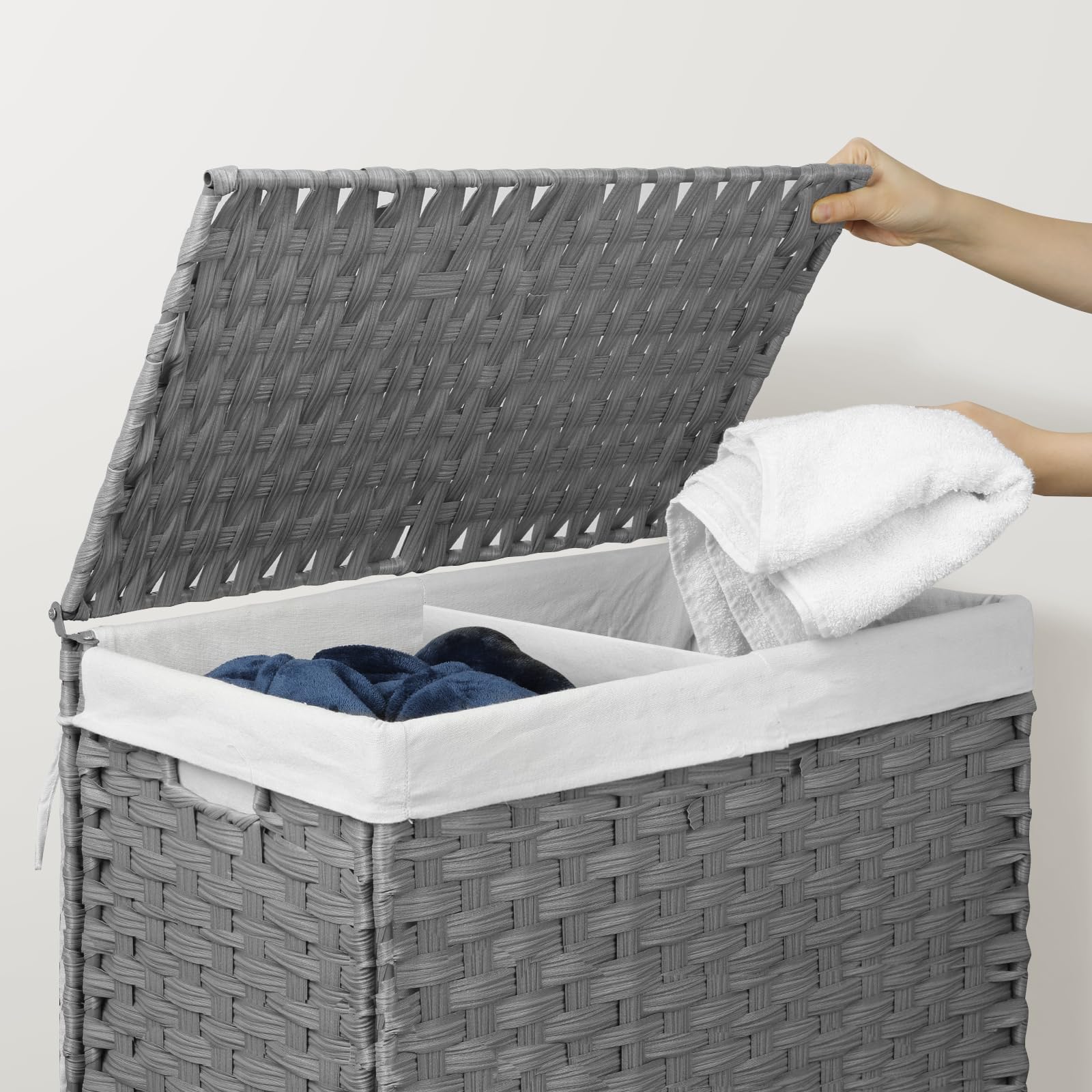 Bellzacasa Laundry Hamper with Lid, 110L Clothes Hamper with Removable Liner Bag Wicker Laundry Basket Laundry Hamper for Bathroom 22.4 x 13 x 23.6 Inches Grey