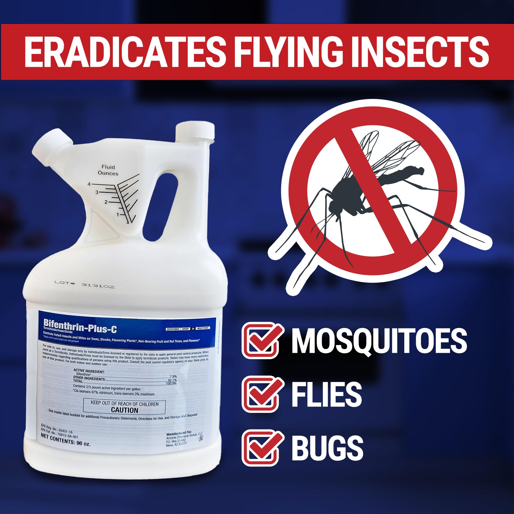 Bifenthrin-Plus-C Insecticide Termiticide (96 oz) | Roach Killer, Termite Treatment, Ant Control & Mosquito, Wasp Spray | Home Defense Pest Control | Residential, Commercial & Industrial Use