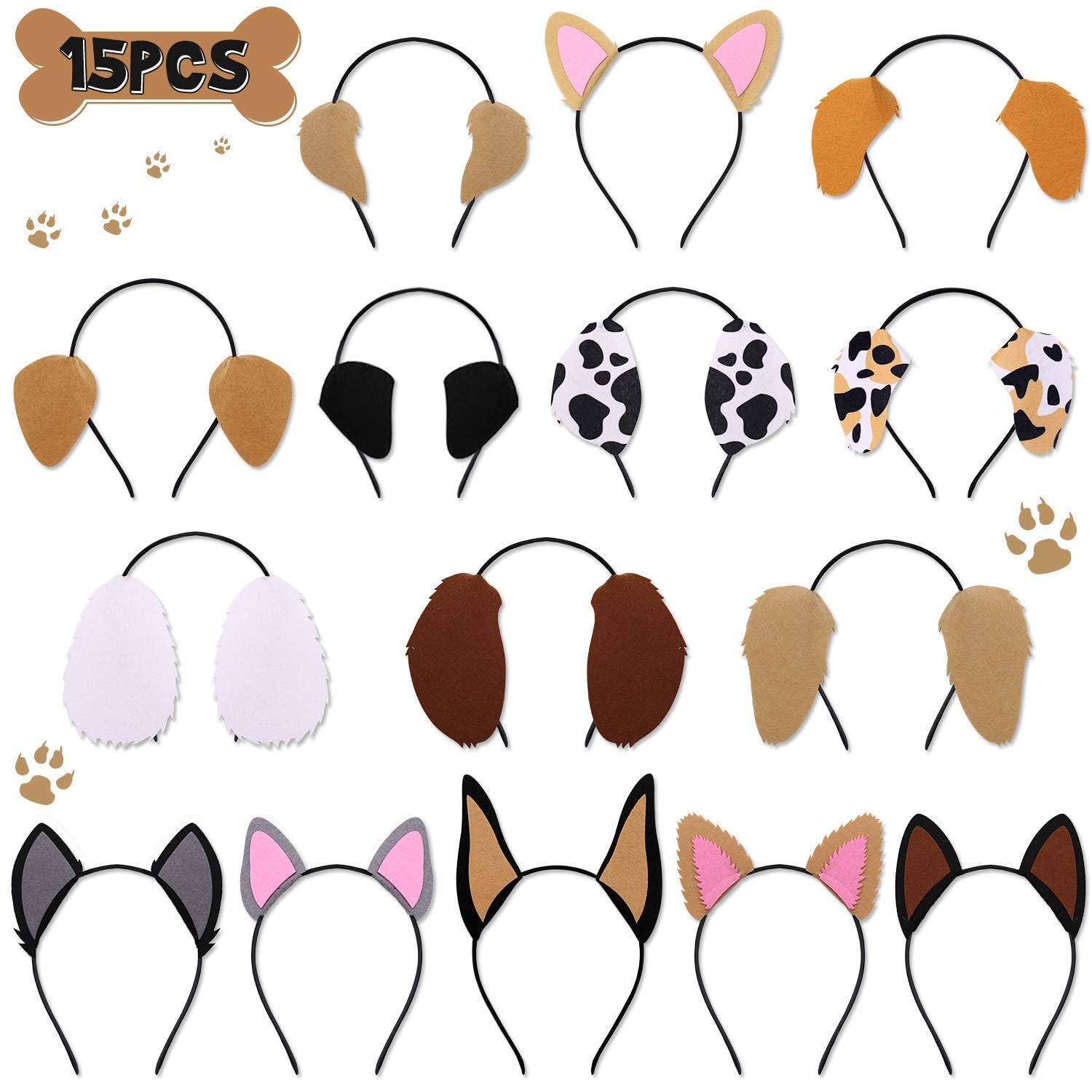 CiyvoLyeen 15 PCS Puppy Dogs Ear Headbands for Pet Birthday Party New Year Favors Dog Theme Costumes Dress-up Photo Booth Props Cute Puppy Baby Shwer Party Supplies Gift