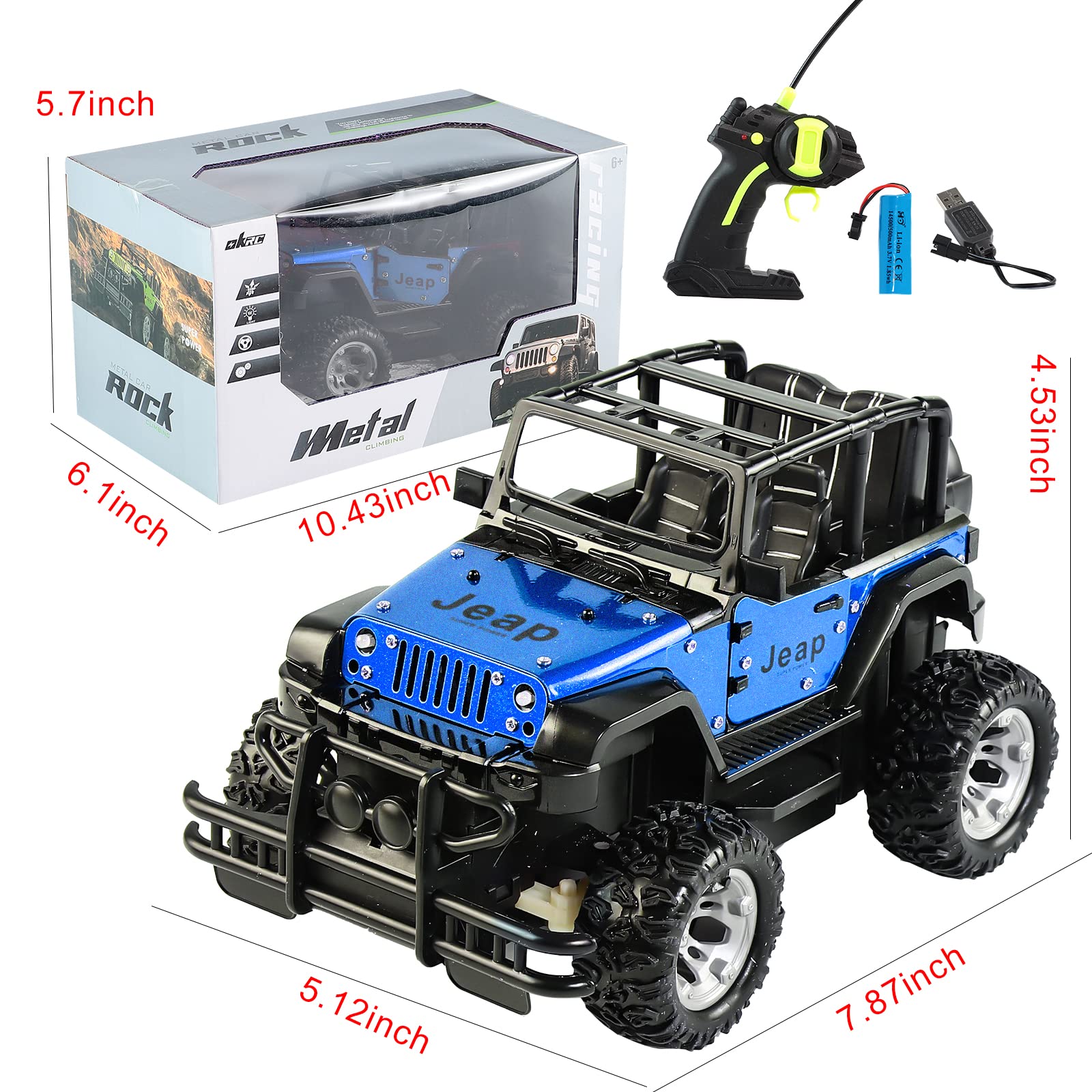 bibisash 1:20 Scale Remote Control Car, Non-Slip Off-Road Toy Car with Friction Powered Wheels & Openable Doors, RC Jeep Toy for Kids & Children (Blue