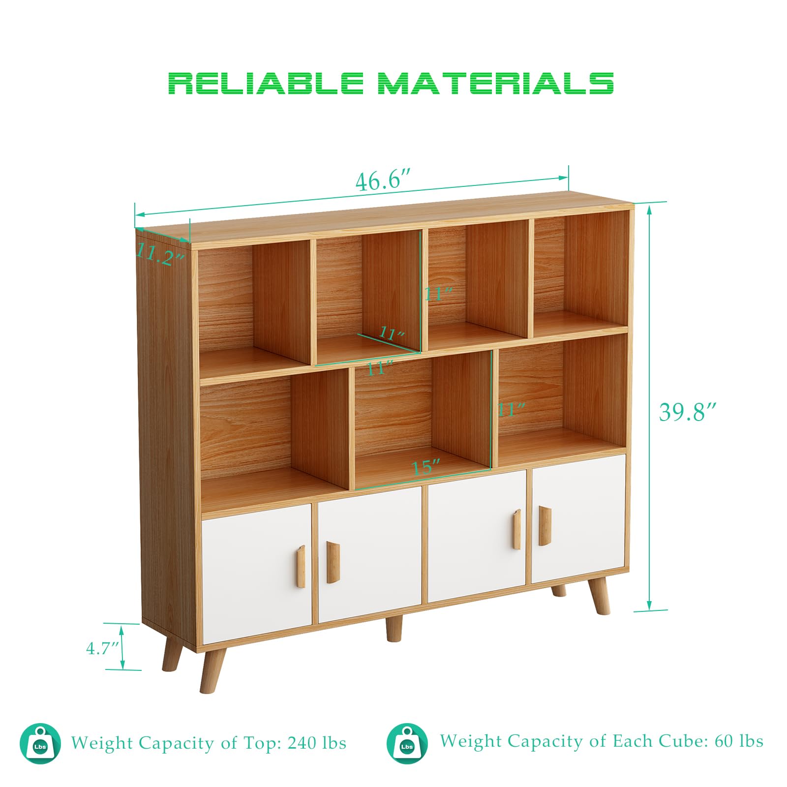 OSCHF Cubby Shelf Bookcase with Doors - Wooden 11 Cube Floor Standing Open Bookshelf with Solid Wood Legs, 3-Tier Storage Cabinet, Oak and Warm White