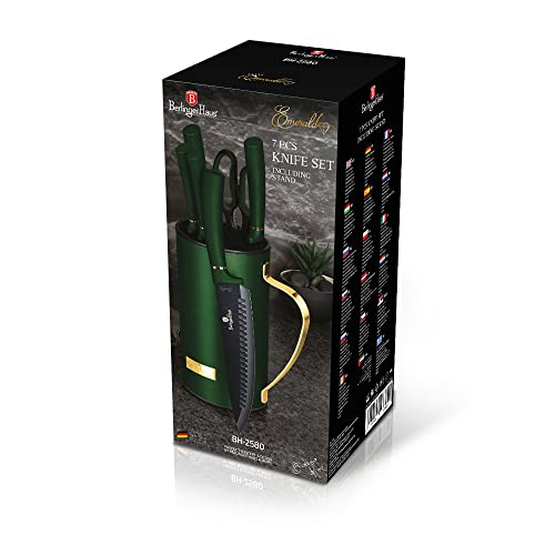 Berlinger Haus Kitchen Knife Set with Block, 7 Piece Knives Set for Kitchen, Elegant Design Cooking Knives with Kitchen Shears, Sharp Cutting Stainless Steel Chef Knife Set with Mobile Stand, Green
