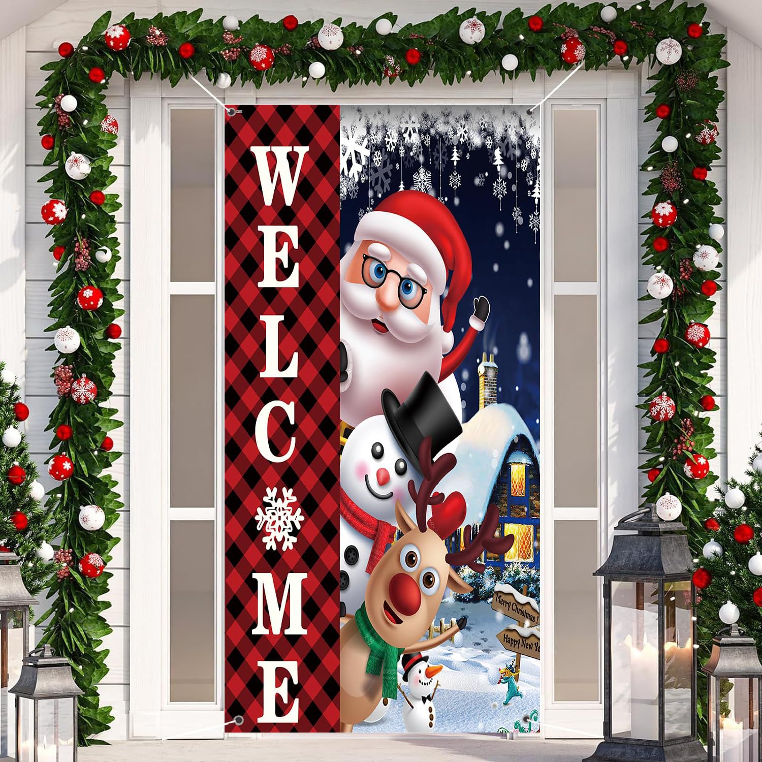 Christmas Door Cover Decoration, Christmas Snowman Santa Claus Snowflake Merry Christmas Door Cover, Winter Snowman Backdrop Background Banner For Front Door Porch Xmas Party Decor Supplies36X70IN