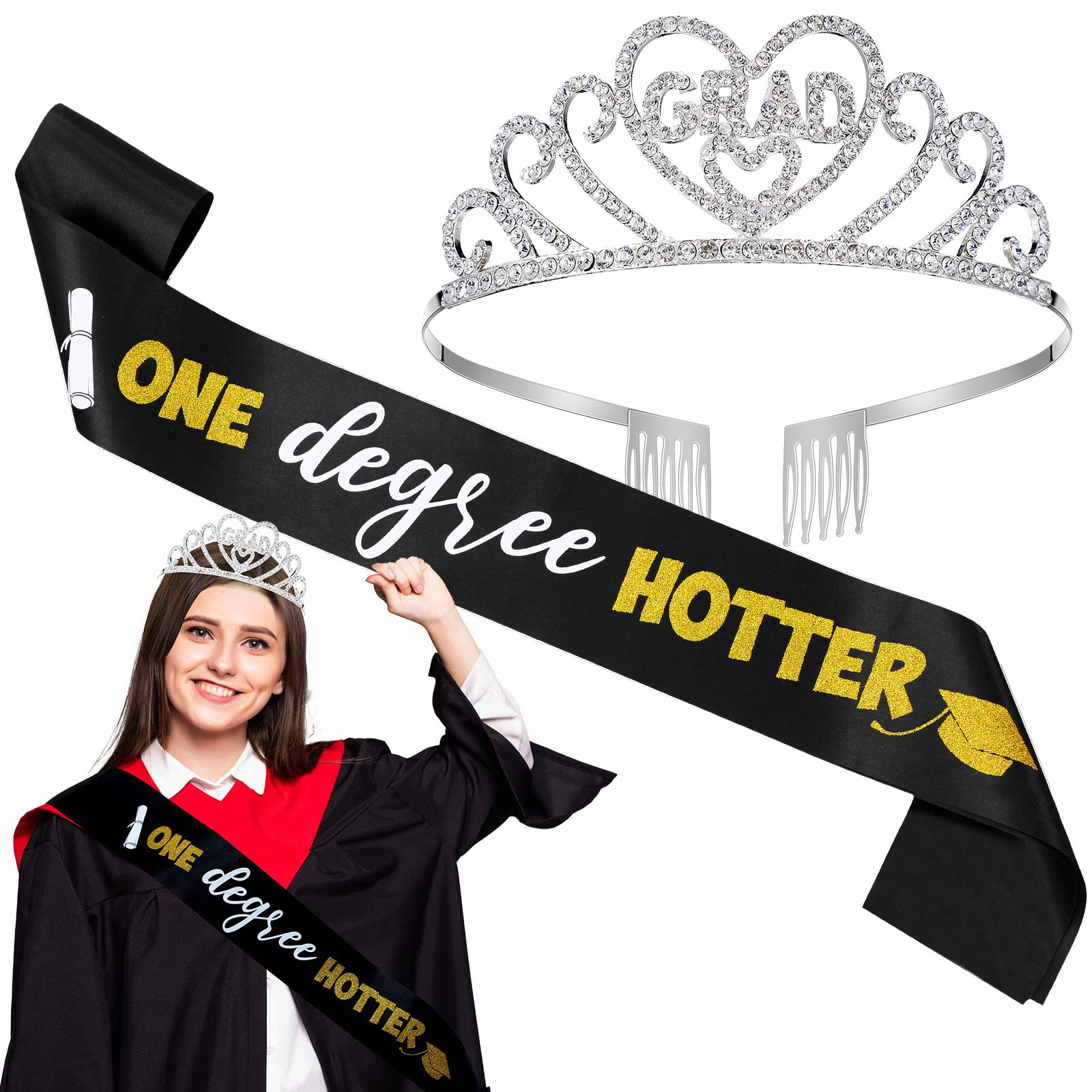 Hoteam 2 Pcs Graduation Party Supplies Kit - Crown Tiara, One Degree Hotter Sash, Class of 2024 Decorations for Senior College Masters Grad Gift