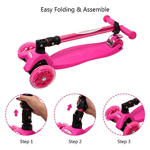 ChromeWheels Scooters for Kids, Deluxe Kick Scooter Foldable 4 Adjustable Height 132lbs Weight Limit 3 Wheel, Lean to Steer LED Light Up Wheels, Best Gifts for Girls Boys Age 3-12 Year Old, Pink