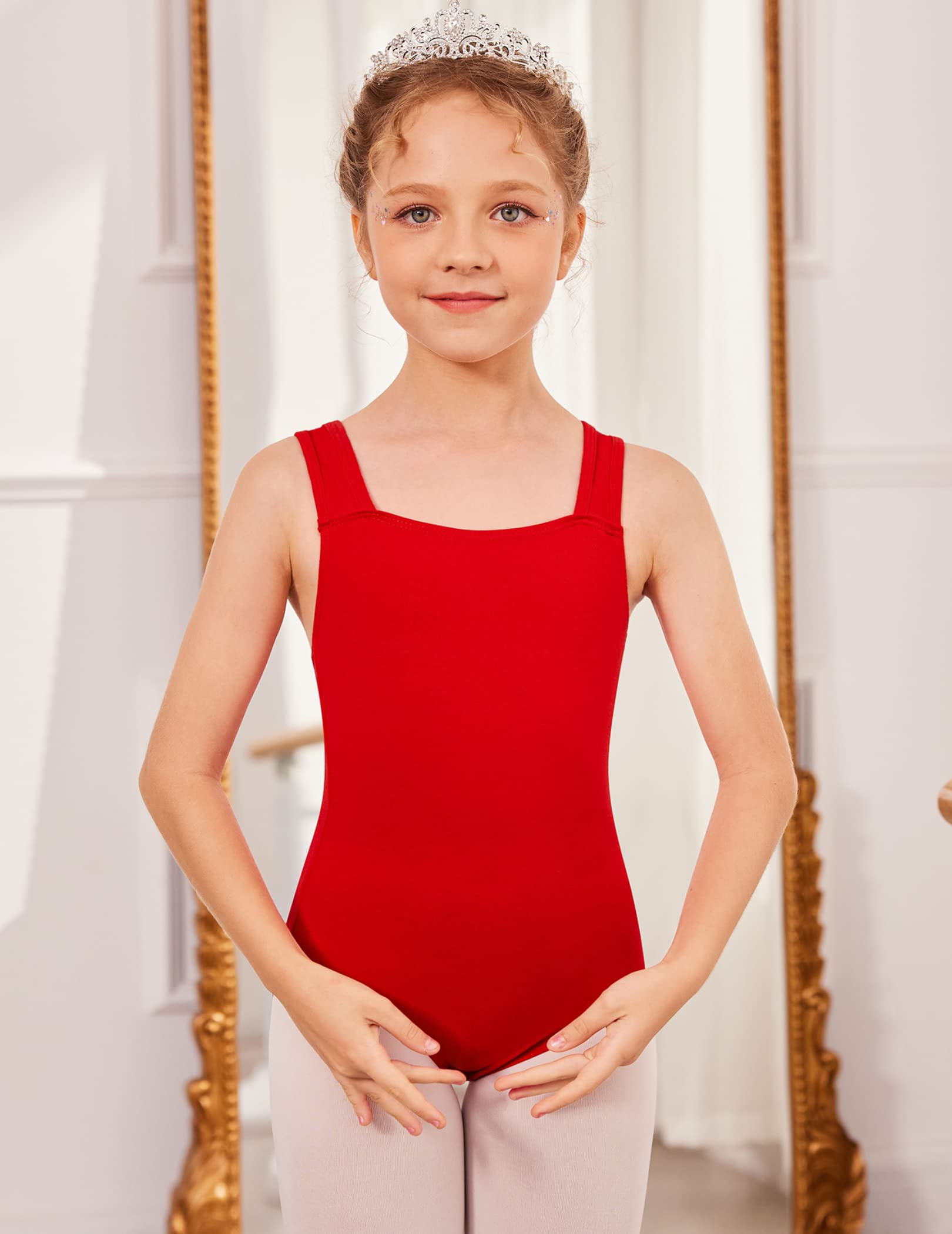 Arshiner Girls Ballet Dance Leotards Straps Back Camisole Tank Leotard Gymnastics Dancewear for Kids Red
