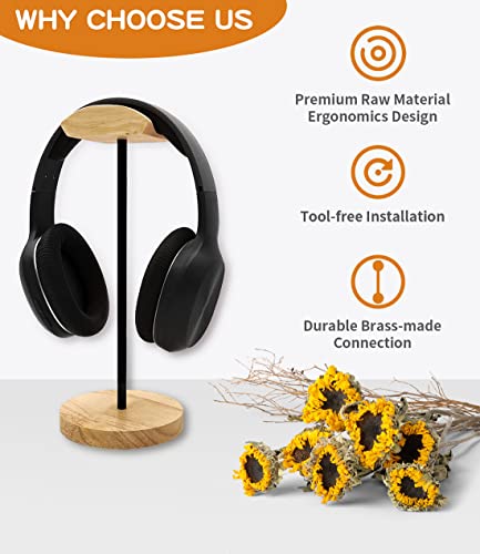 Bliocefo Headphone Stand Nature Wood & Aluminum Headset Hanger Mount Hook Gaming Holder Desktop Earphone Artful Functional Craftmanship Stand for All Headsets with Solid Wooden Base