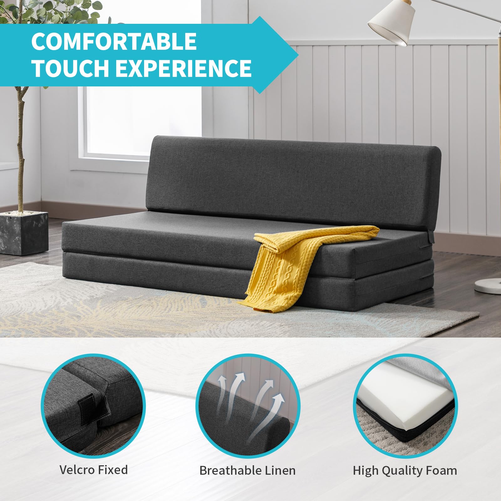 CECER Twin Size Folding Sofa Bed,Twin Bed Mattress Folding Foam Mattress,Upholstered Convertible Floor Mattress,Fold Down Guest Sofa Bed for Living Room/Office/Apartment(Dark Grey)