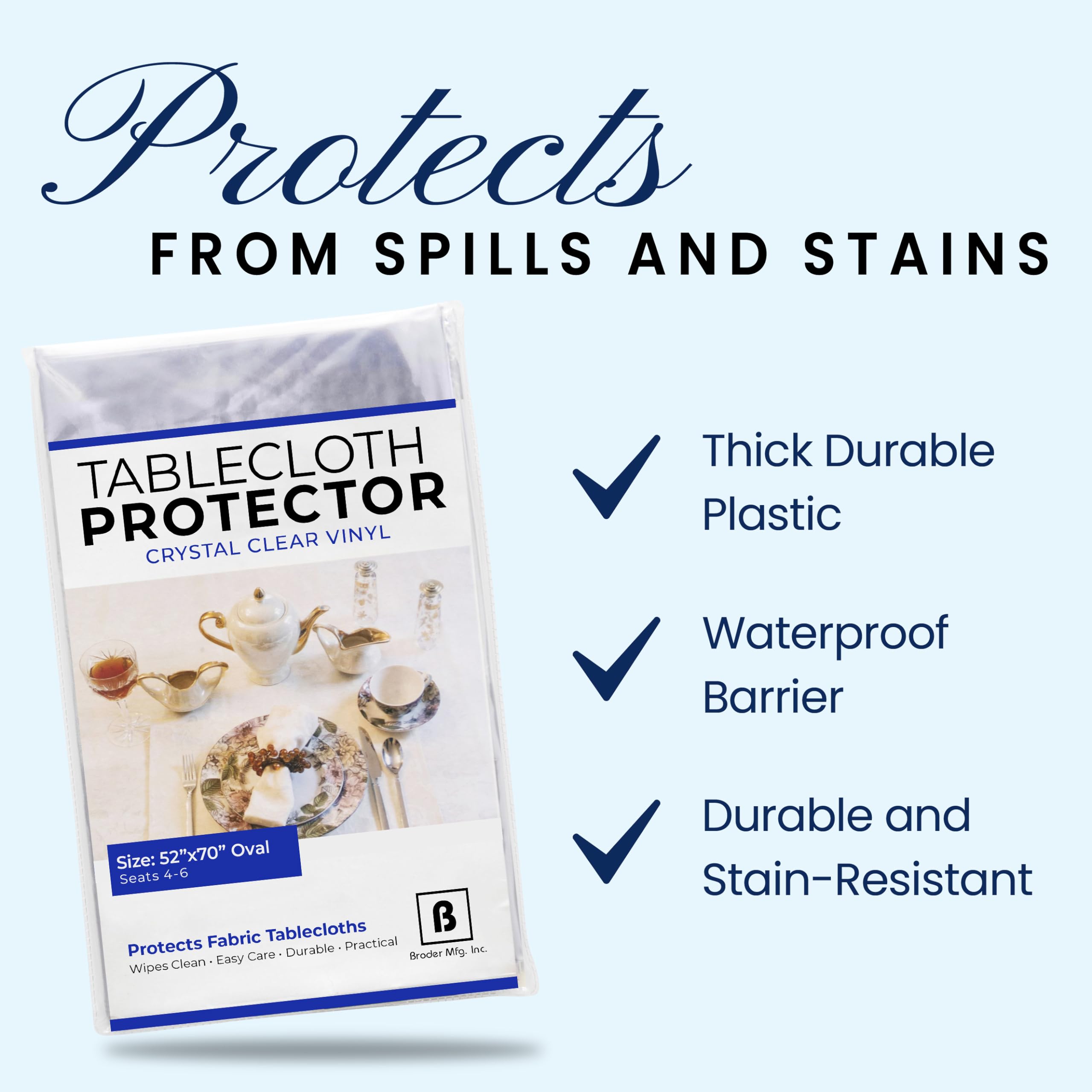 BRODER MFG. INC. Tablecloth Protector Crystal Clear Vinyl (52"x70" Oval) | Thick, Durable Clear Table/Tablecloth Protector | Perfect for Parties, Special Occasions, Gatherings, and Everyday Use