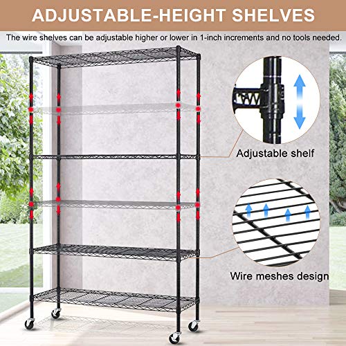 BLKMTY Metal Shelf 6 Tier Metal Storage Shelf Heavy Duty Wire Rack Shelves Wire Shelving Unit with Wheels Standing Shelf Units Height Adjustable Utility Commercial Grade Garage Shelves, Black