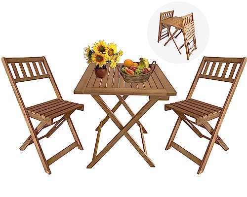 BLKMTY Patio Bistro Set 3-Piece Outdoor Patio Furniture Sets Folding Table and Chairs Acacia Wood Bistro Set Balcony Cafe Table Square Patio Table Chair for Front Porch, Garden, Deck, Backyard