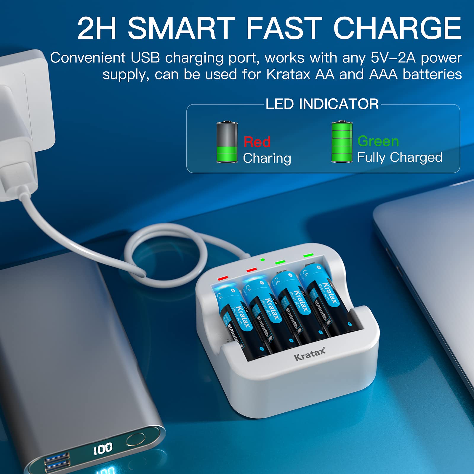 Kratax Rechargeable Lithium AA Batteries 8 Pack 1.5v 3500mWh li-ion Rechargeable Batteries with 2h Battery Charger, 1600 Cycles Long-Lasting, Constant Voltage Output for Game Controller, Electric Toy