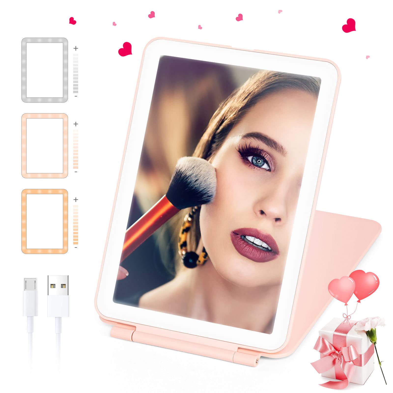 Buqikma Travel Makeup Mirror with Lights,7.9Inch Folding Lighted Travel Mirror Dimmible Ultra Thin Tabletop Cosmetic Mirror USB Rechargeable Compact Mirror for Women