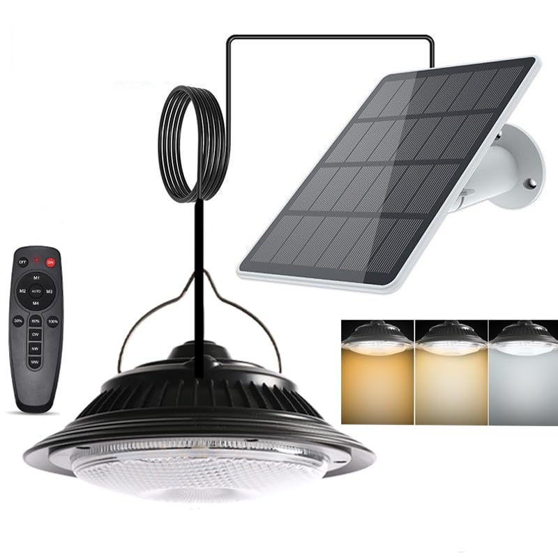 HAOYISHU Solar Pendant Light, 3-Color Tones, IP65 Waterproof, Remote Control, for Shed, Chicken Coop, Barn, Gazebo Outdoor