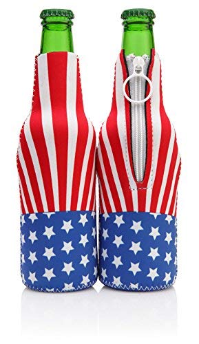 Beer Bottle sleeves - Set of 6 Zipper American Flag Theme Coolies - Extra Thick Neoprene - Fully stitched, Non-Glued Base - Bonus Bottle Opener - Trendy & Awesome Gift or Hosting Item #6USF