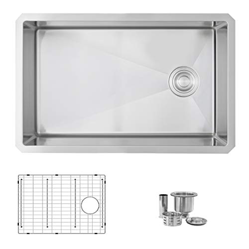 AZUNI 28 inch x 18 inch Single Bowl Undermount 16 Gauge Reversible Deep Stainless Steel Kitchen Sink with Bottom Grid and Luxury Basket Strainer, C128