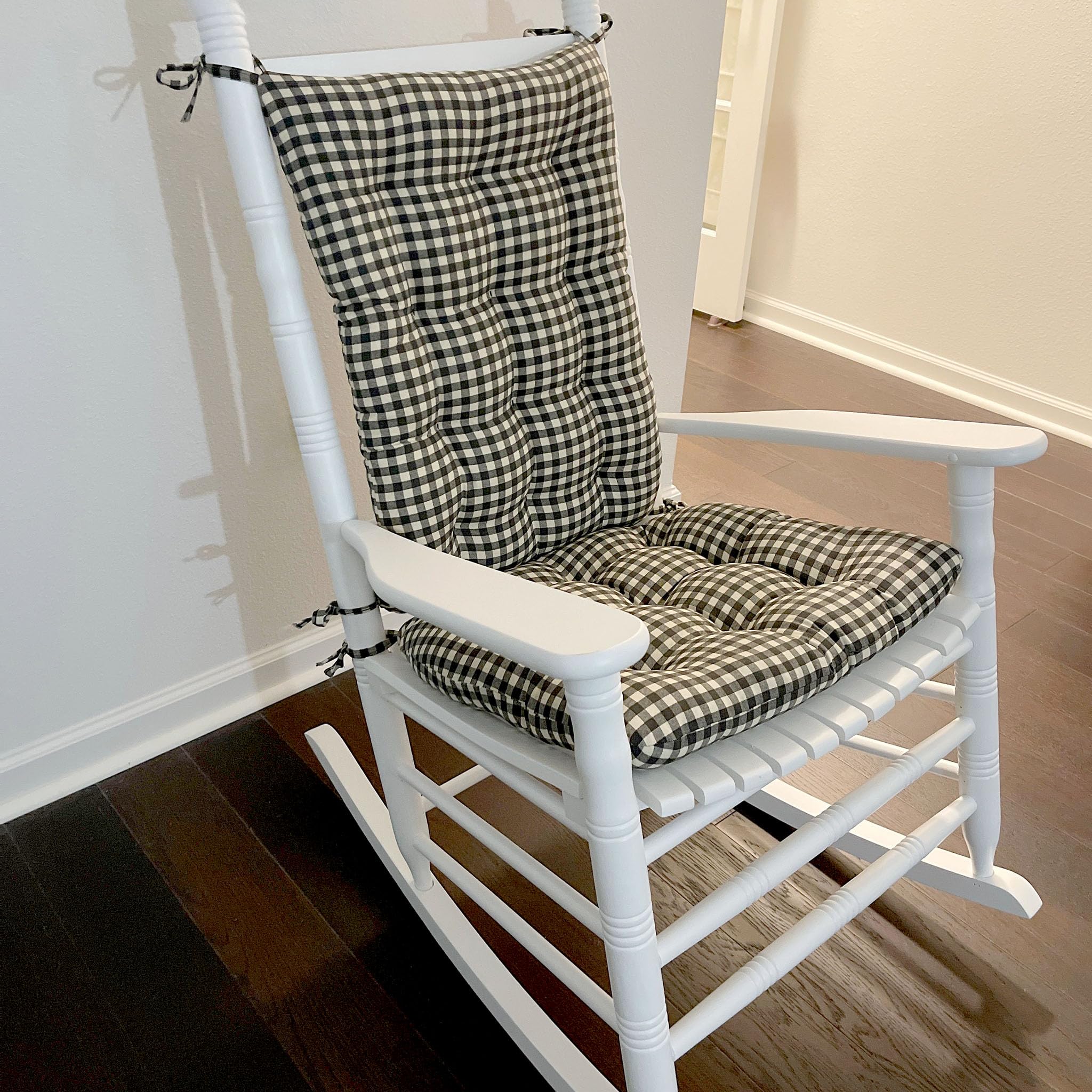 Barnett Home Decor Farmhouse Check Black Standard Rocking Chair Cushions - Latex Foam Fill Rocker Seat Pad & Backrest Cushion with Ties - Tufted, Reversible, Machine Washable, Checkered