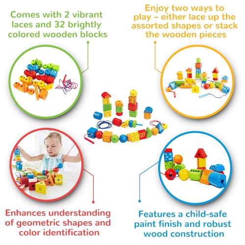 Hape String-Along Shapes | Classic 32 Piece Wooden Block Stacking Game, Multi-Colored Lacing Toy