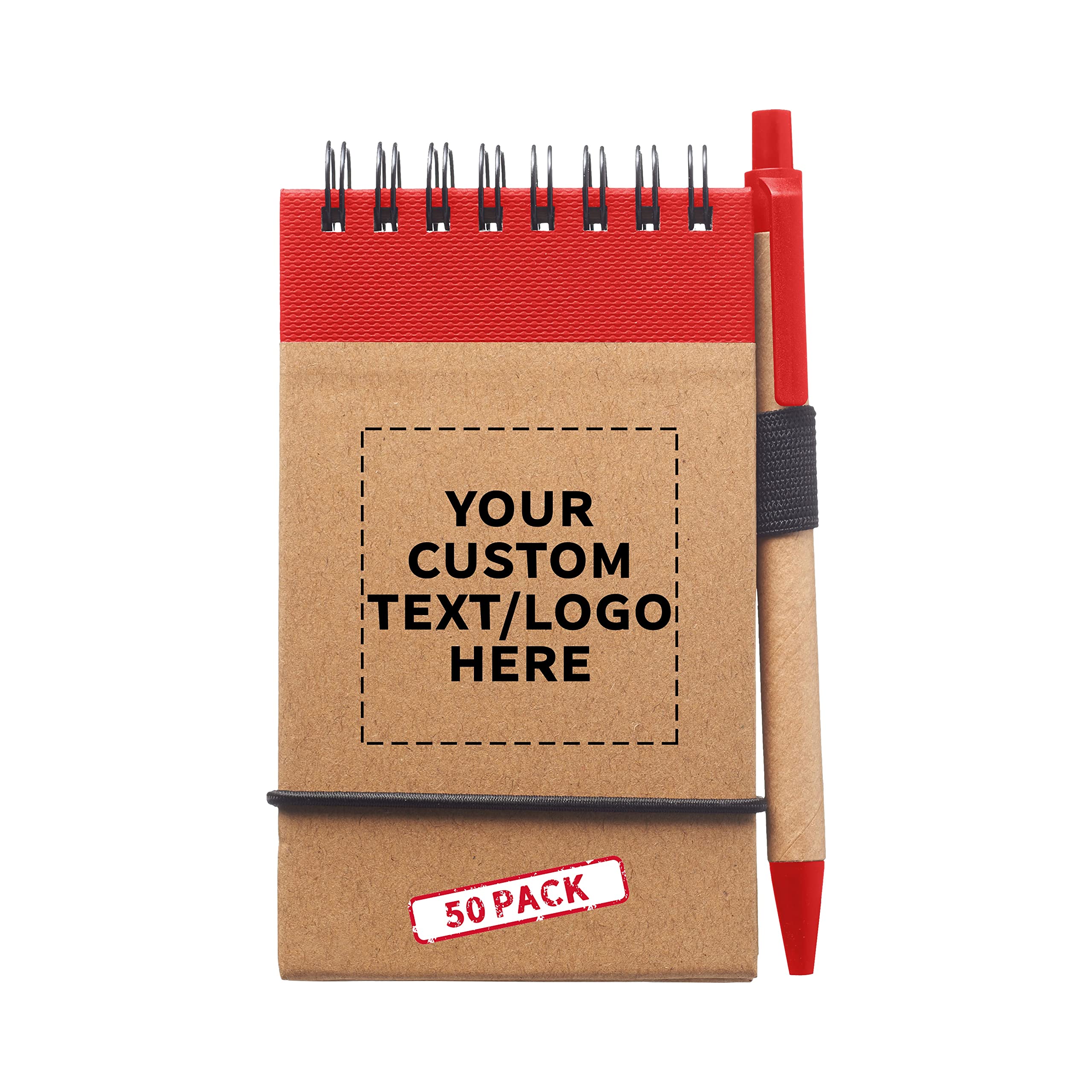 DISCOUNT PROMOS 50 ECO Jotters with Pen Set - Customizable Text, Logo - Recycled Paper, 3 x 5 inches, Minimalist, Handy - Red